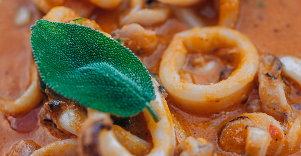 Calamari (squid) with pine nuts, sage and Pesto Calabrese - 7 Thalasses